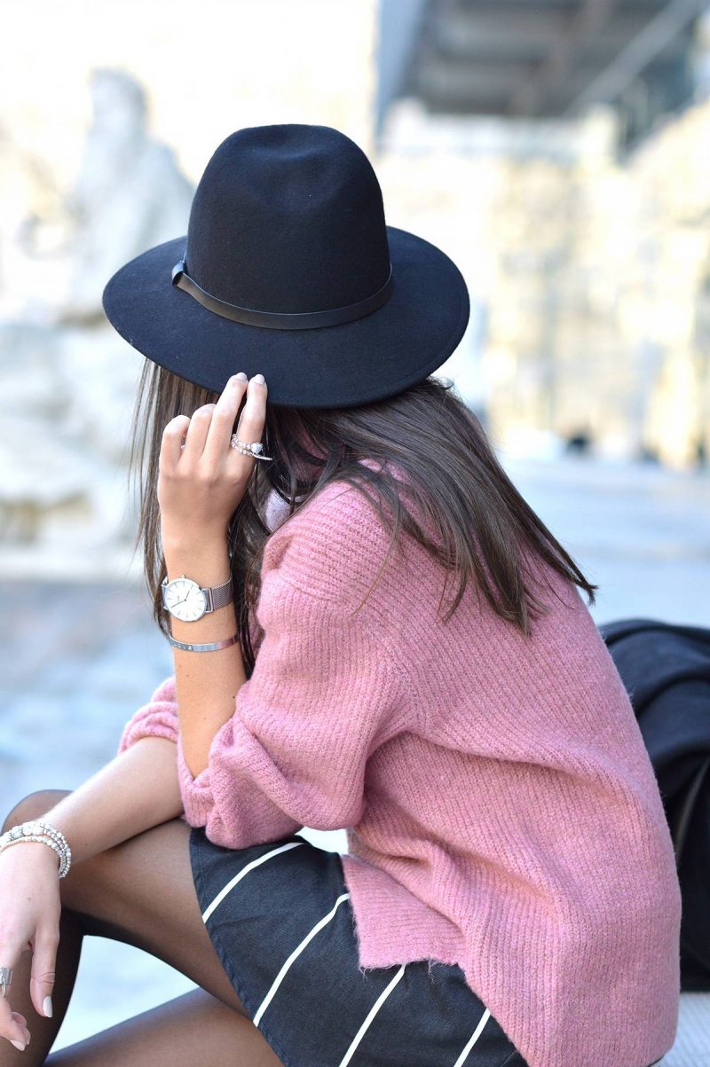 Pink Jumper & Striped Skirt | Junesixtyfive